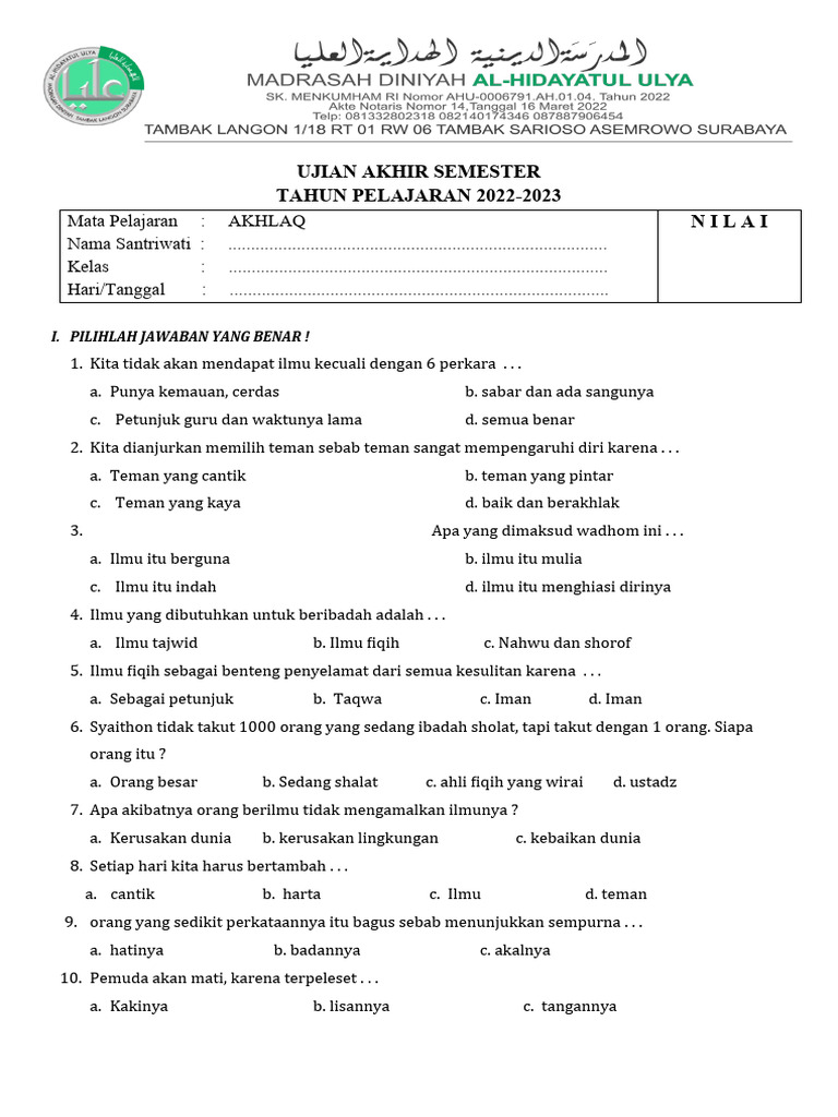 Ujian Akhir Akhlaq 2022-2023 | PDF | Karier & Perkembangan | Game ...