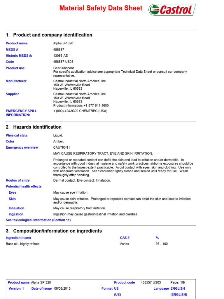 Alpha SP 320 Gear Lubricant MSDS | PDF | Waste | Waste Management
