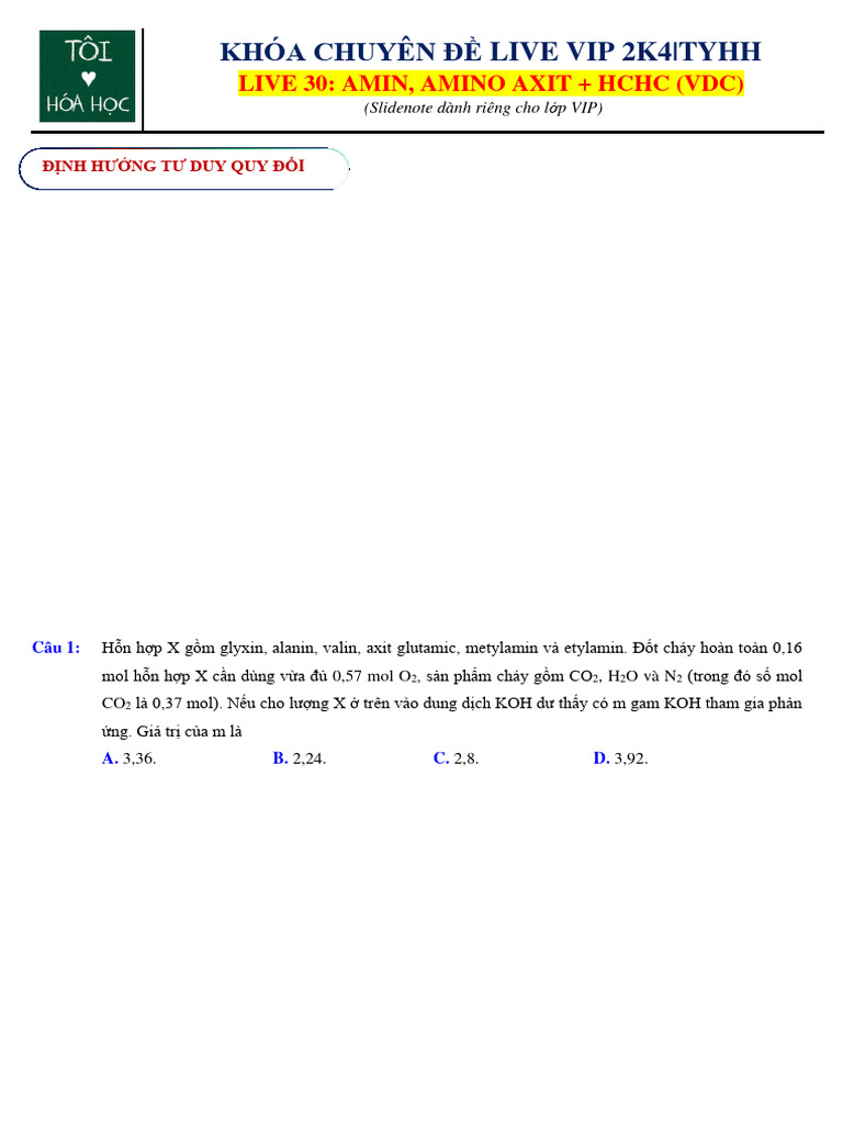 LIVE 30 - Bài Toán AMIN, AMINO AXIT + HCHC (VDC) | PDF