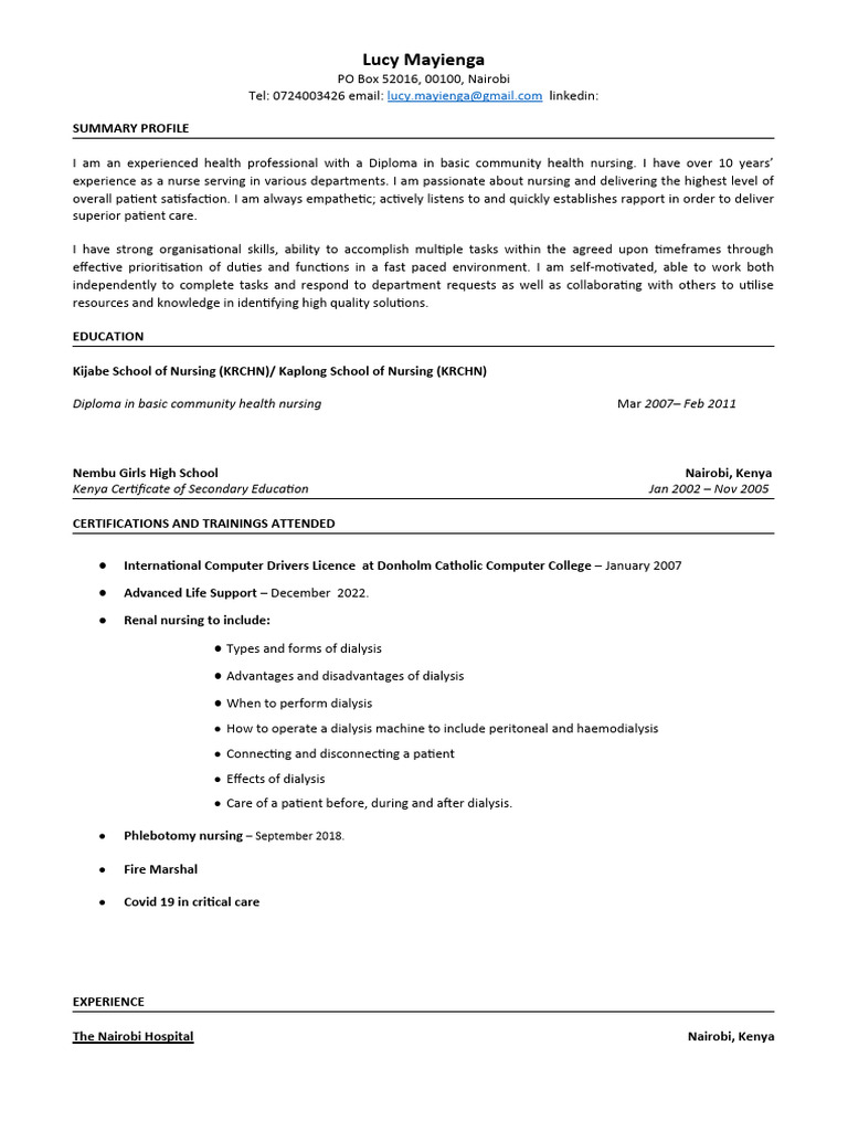 Lucy Mayienga's Nursing CV | PDF | Hospital | Nursing