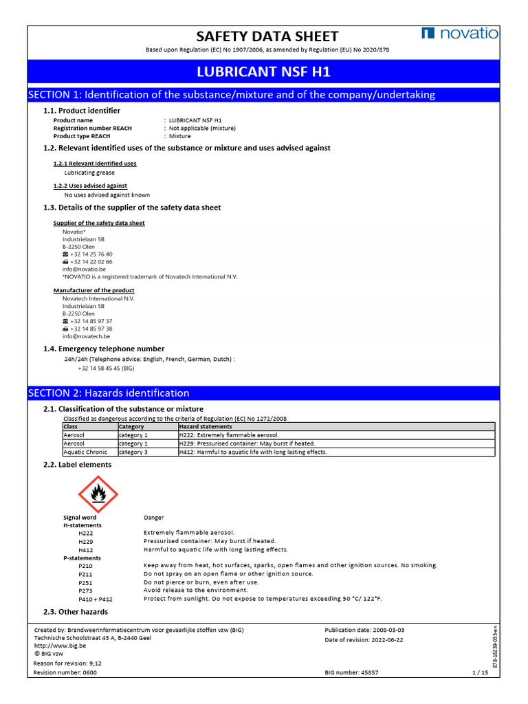 Lubricant NSF H1 Safety Data Sheet | PDF | Nature | Physical Chemistry
