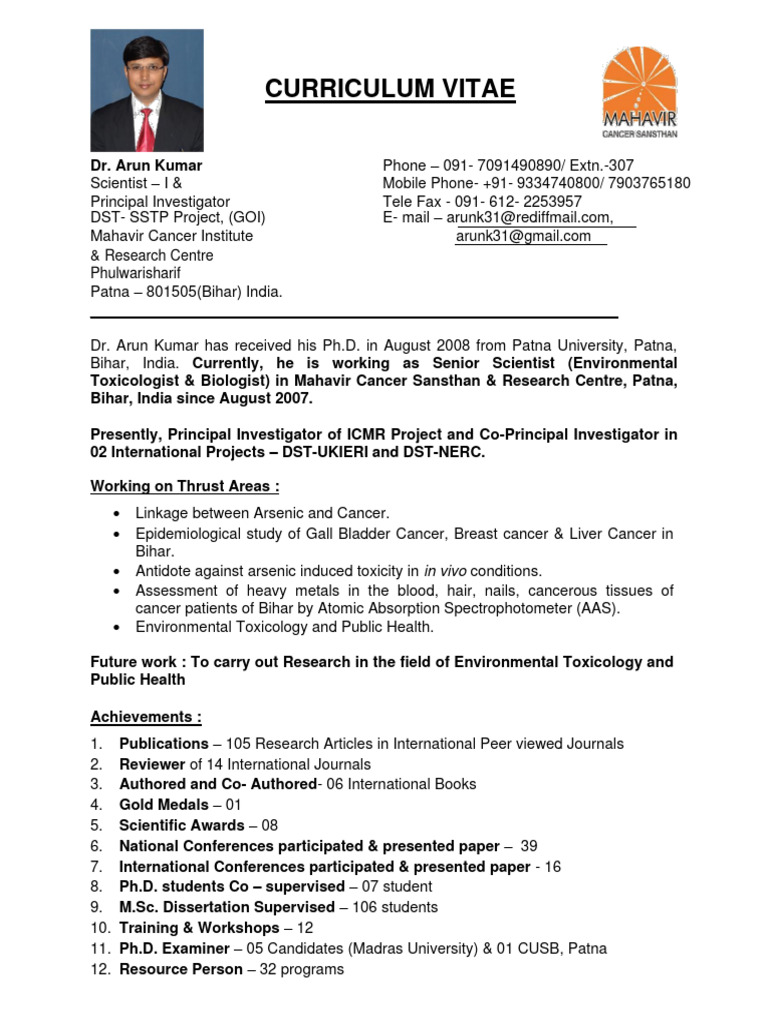 Dr. Arun Kumar: Environmental Toxicologist CV | PDF