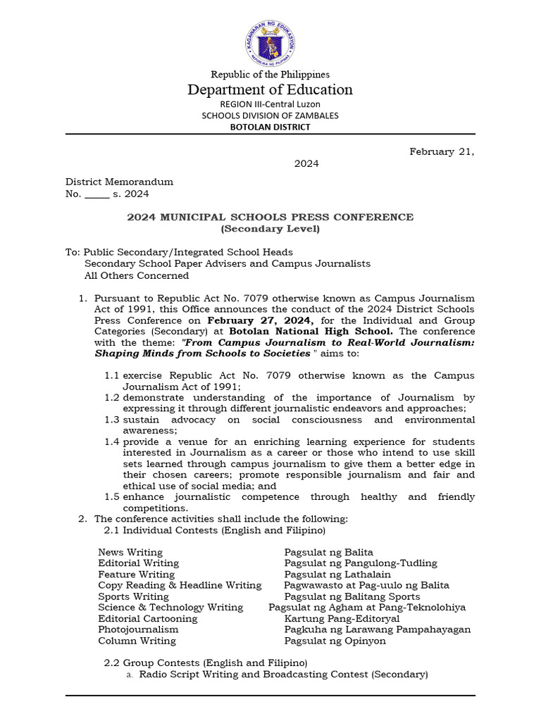 MSPC District Memo Secondary Level 2024 Updated | PDF | Journalism ...