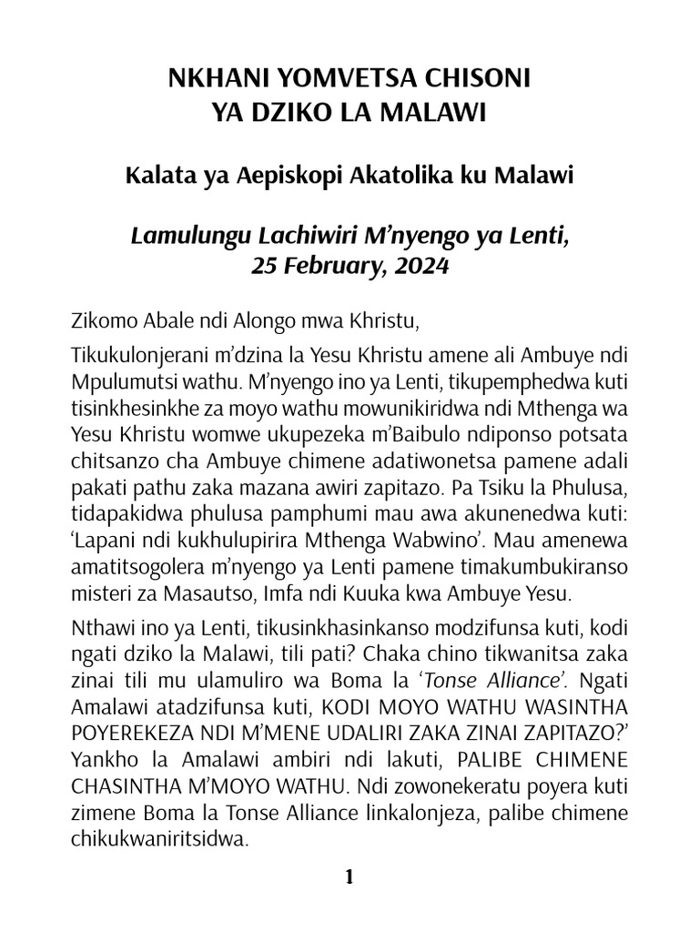 Pastoral Letter on Malawi's Challenges | PDF | Malawi