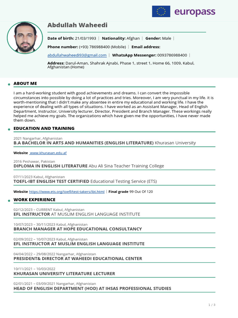 CV-Abdullah Waheedi | Download Free PDF | Afghanistan | Human Communication