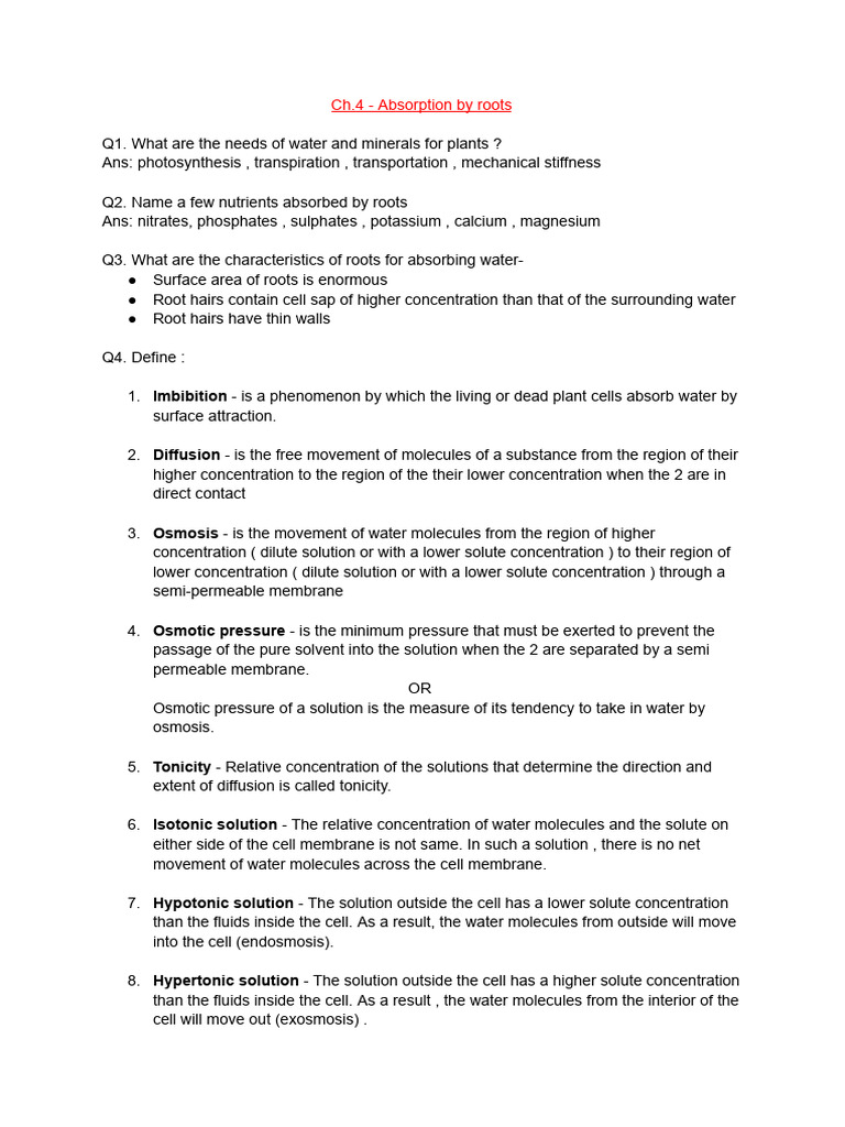 Ch.4 - Absorption by Roots - Class 10 Icse | PDF | Osmosis | Applied And Interdisciplinary Physics