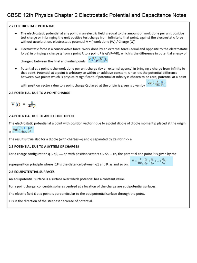 Cbse 12th Physics Chapter 2 Electrostatic Potential and Capacitance ...