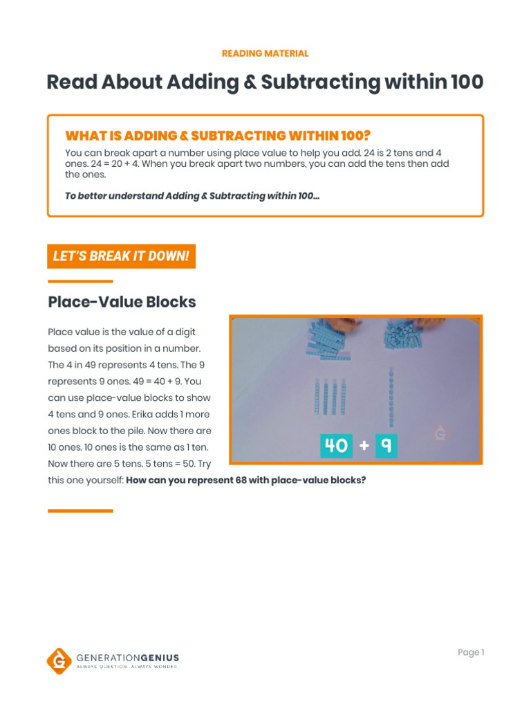 Adding & Subtracting Within 100 | PDF | Numbers | Vocabulary