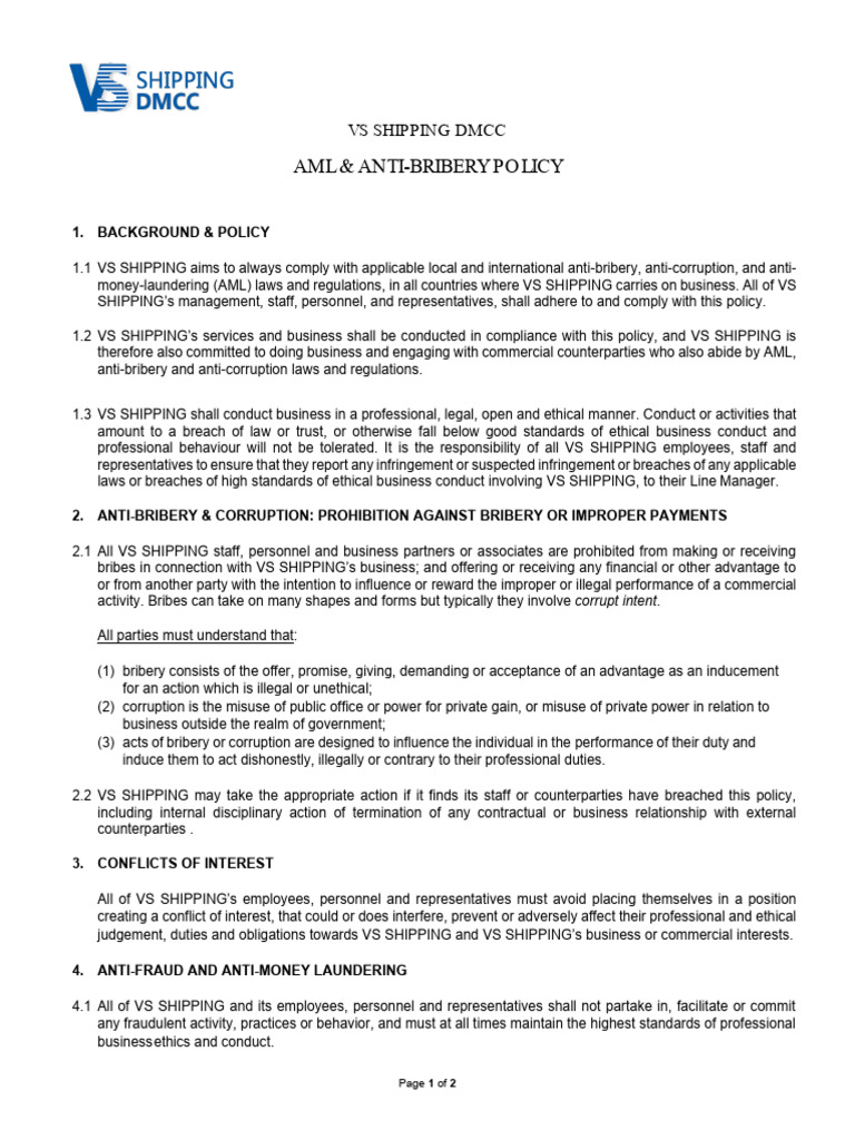 Vs Shipping Dmcc Aml Policy Pdf Money Laundering Bribery
