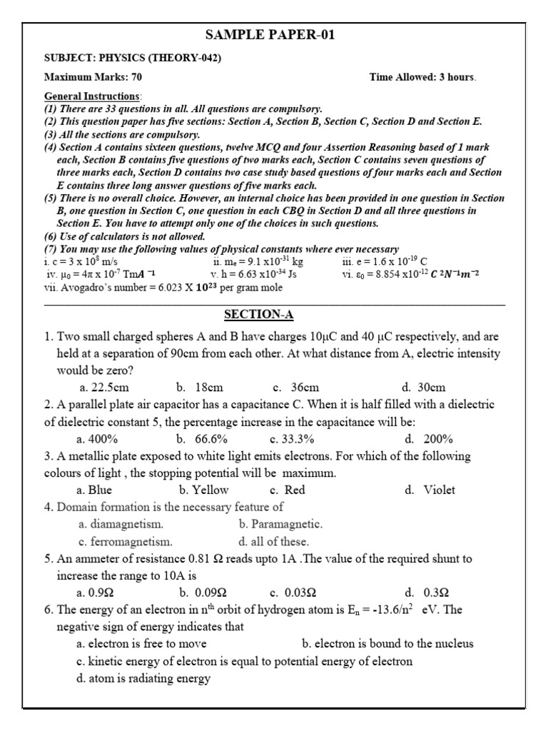 Class-Xii - Final Cbse Board Physics Sample Paper-1 | Download Free PDF ...