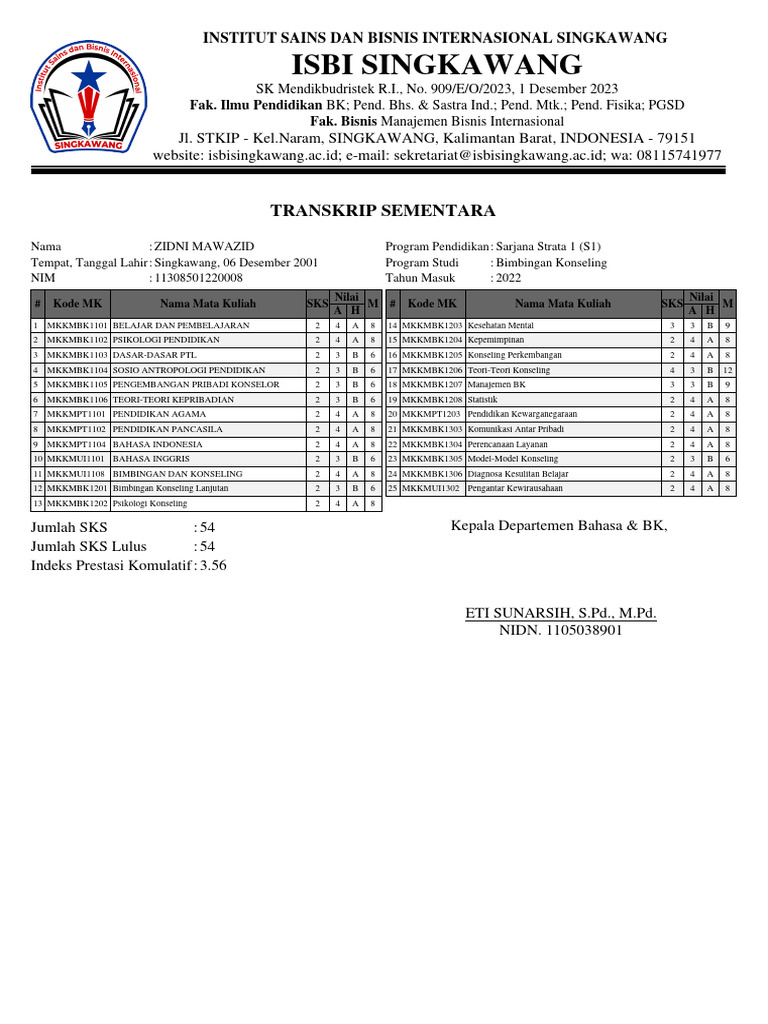 Transkrip Nilai | PDF