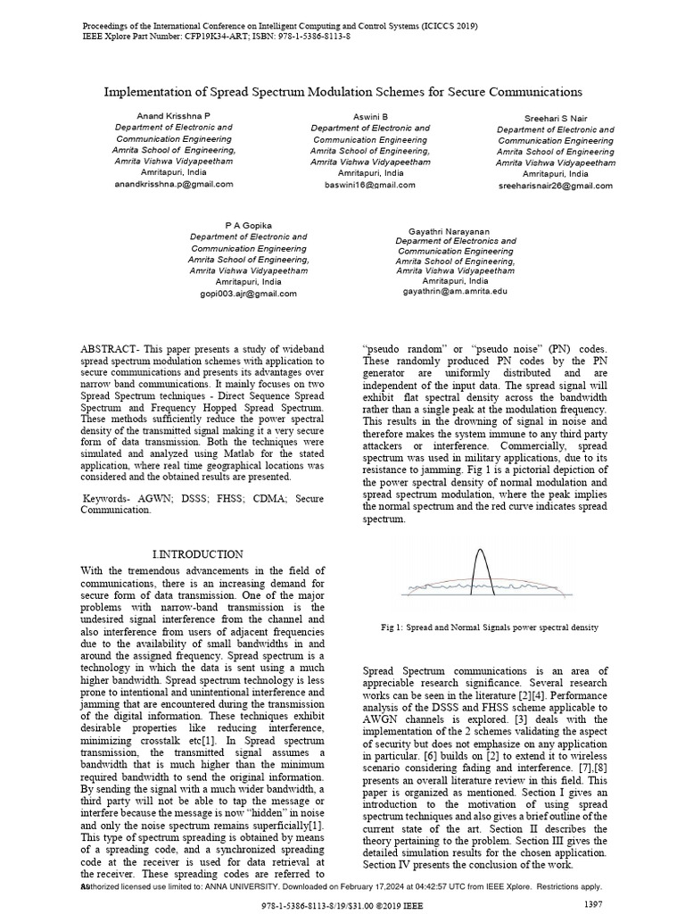 Implementation of Spread Spectrum Modulation Schemes For Secure Communications | PDF ...