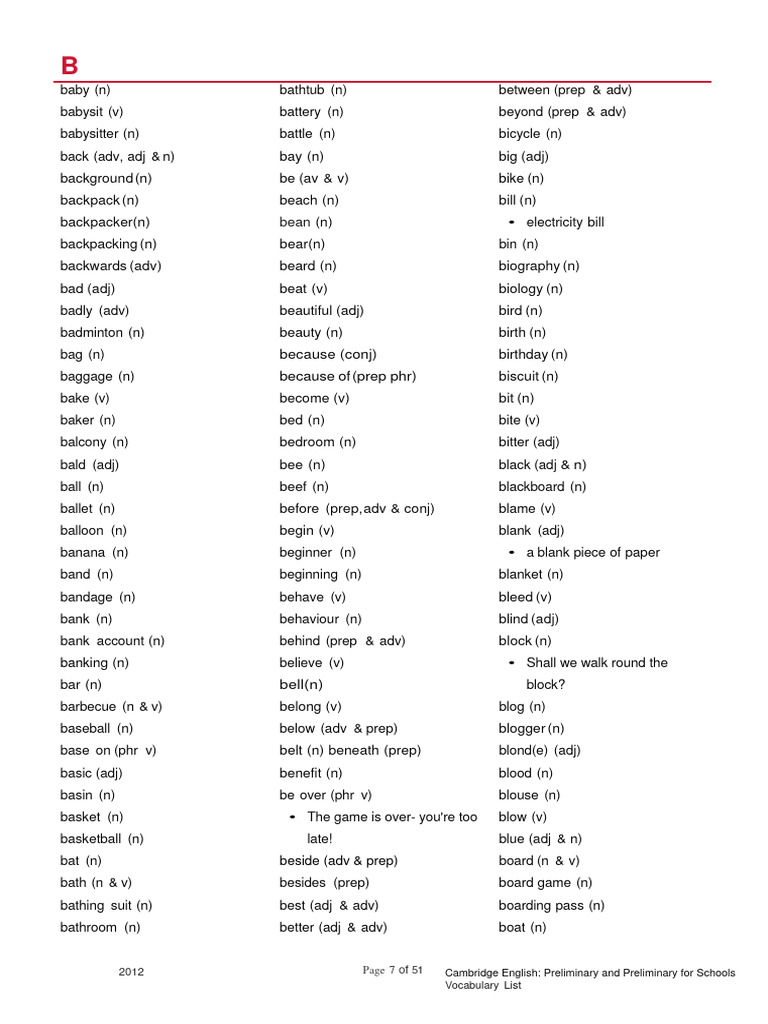 Vocabulary List: Letter B | PDF