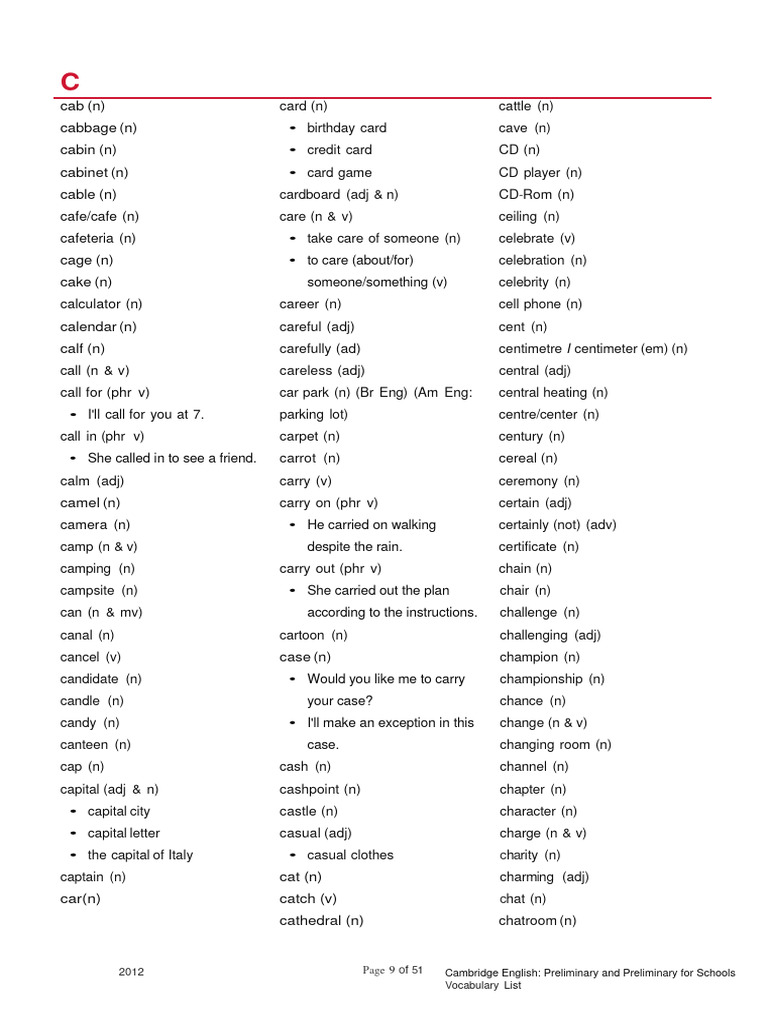 Vocabulary List Cambridge Letter C | PDF