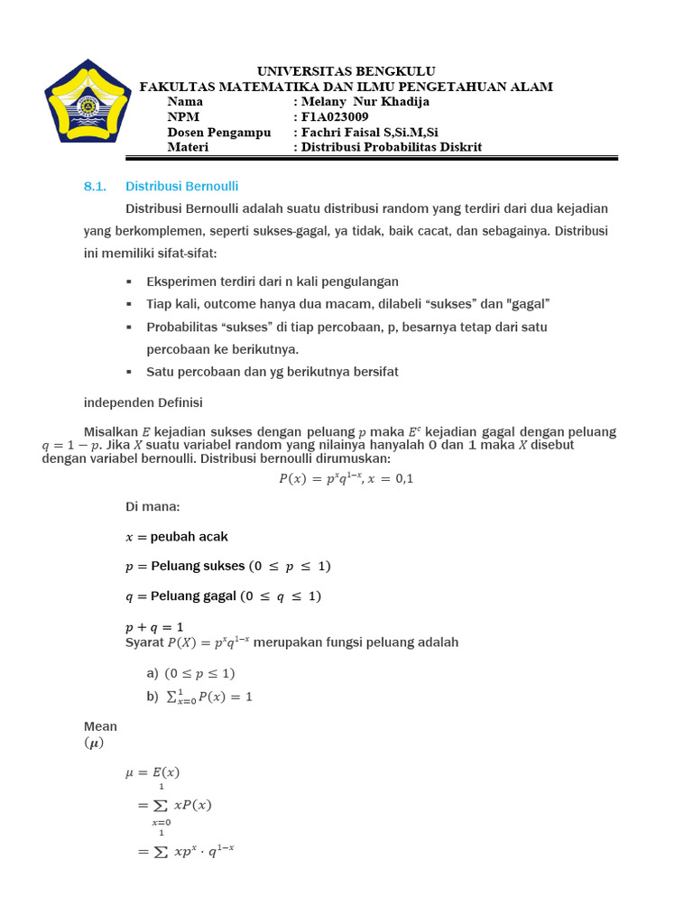 Distribusi Probabilitas Diskrit: Bernoulli dan Binomial | PDF