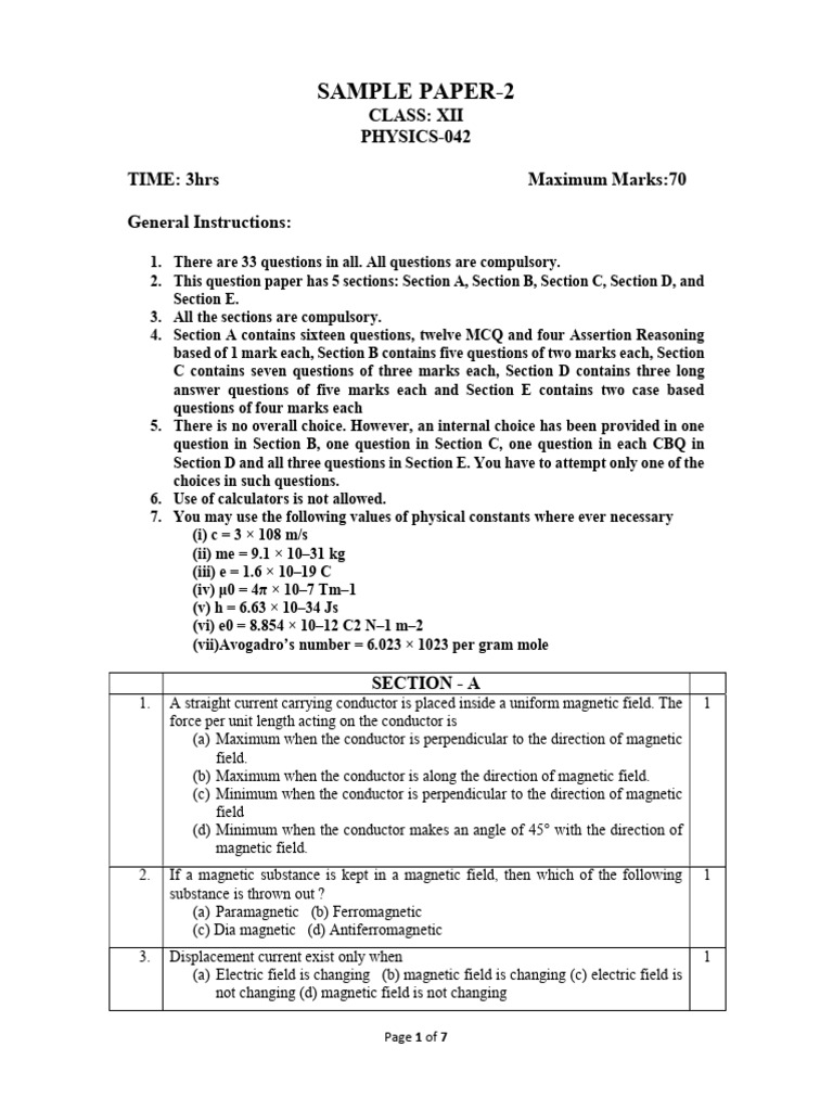 Class XII Physics Sample Paper 2 | PDF | P–N Junction | Diode