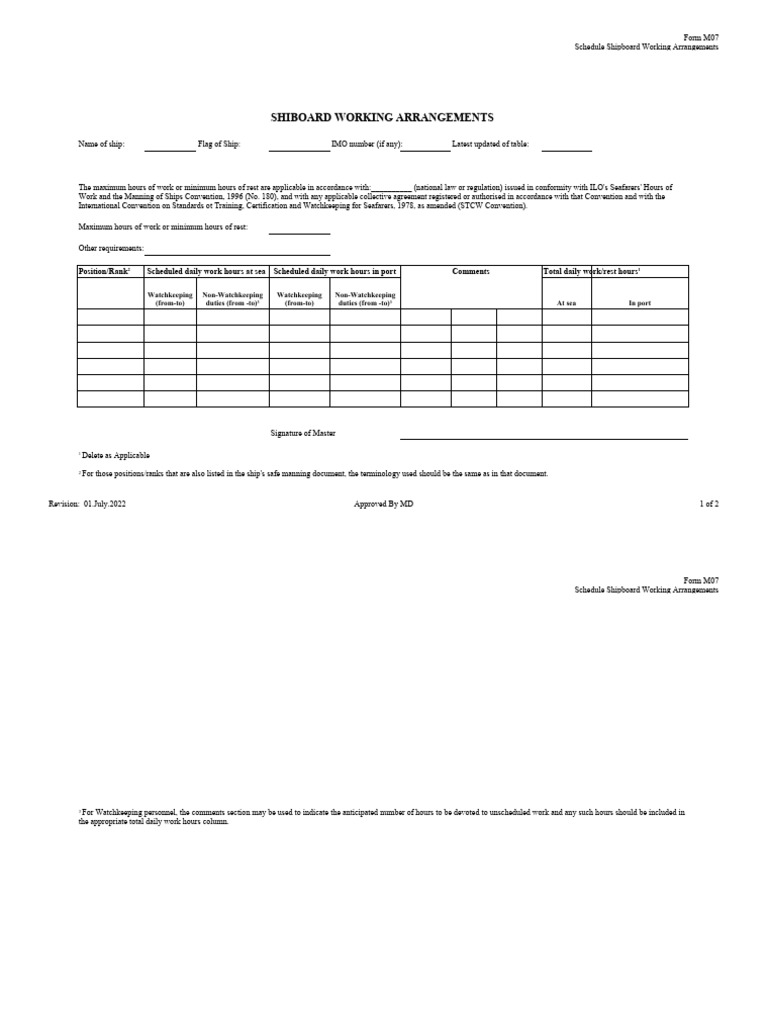 Form M 07 Schedule Shipboard Working Arrangements | PDF