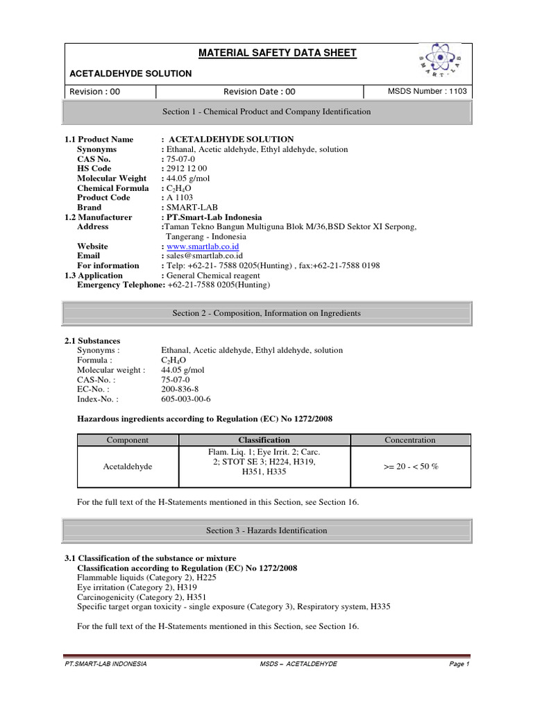 MSDS Acetaldehyde Solution | PDF | Chemical Substances | Safety