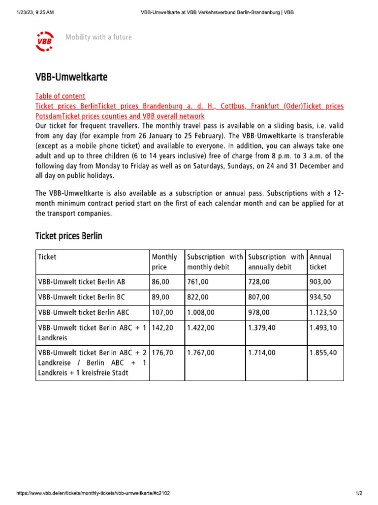 VBB Preise Des Monatstickets | PDF
