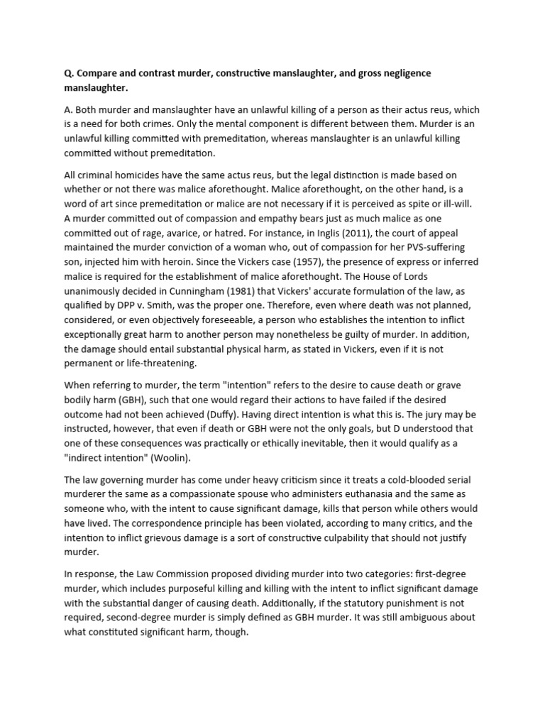 Murder, Constructive Manslaughter, and Gross Negligence Manslaughter ...