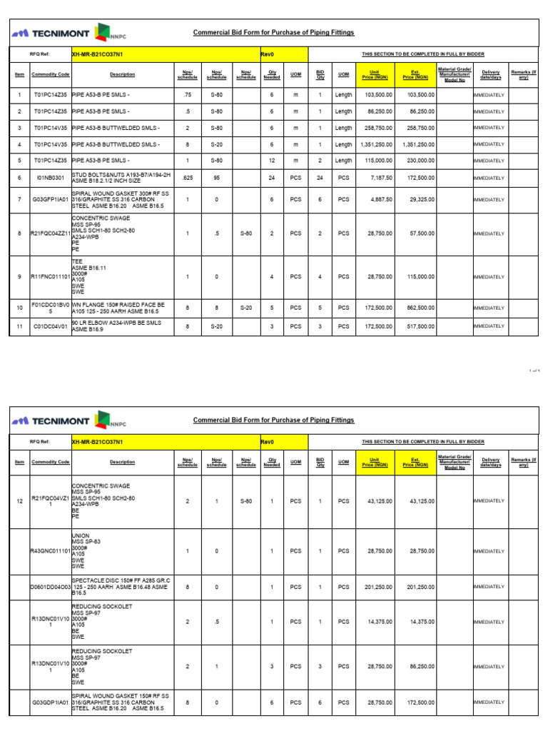 BESTRACK QUOTATION FOR Commercial Bid Form For XH-MR-B21CO37N1 - Piping ...