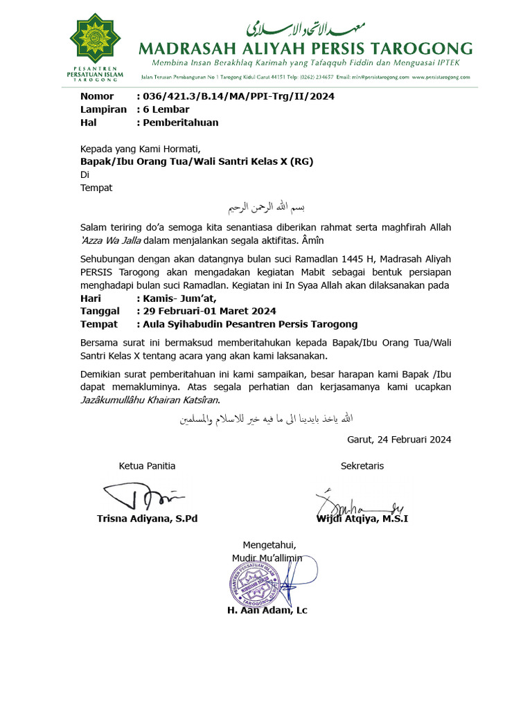 Pemberitahuan Kegiatan Mabit RG Kelas 10 | PDF