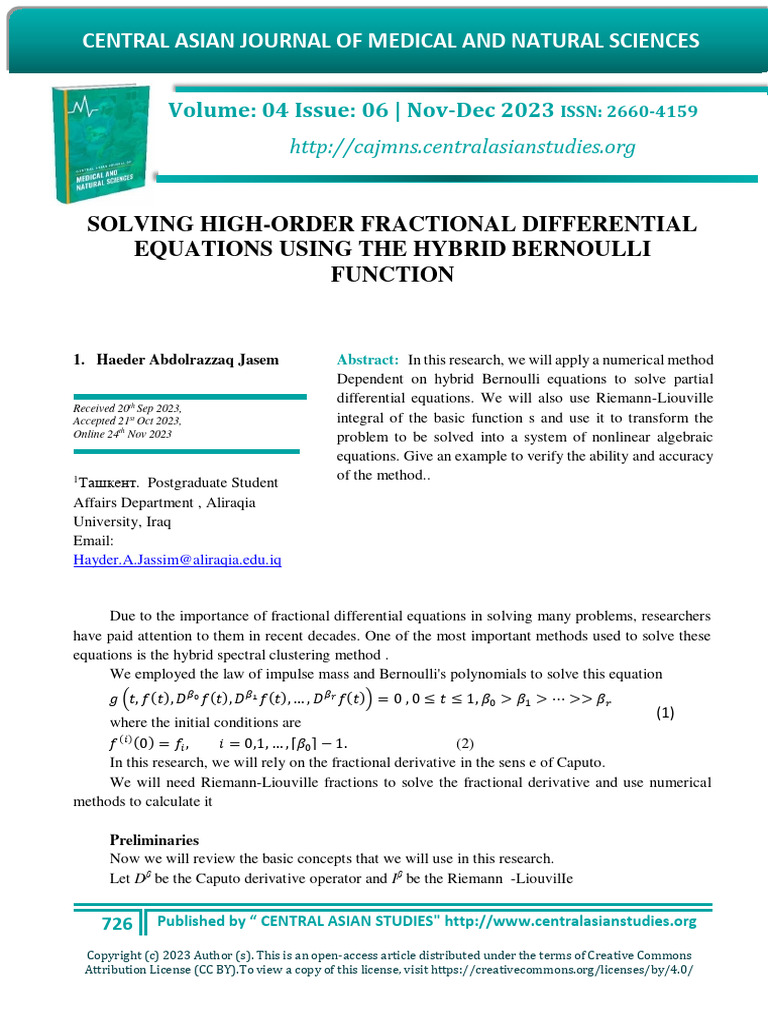 Solving High-Order Fractional Differential Equations Using The Hybrid Bernoulli Function | PDF ...