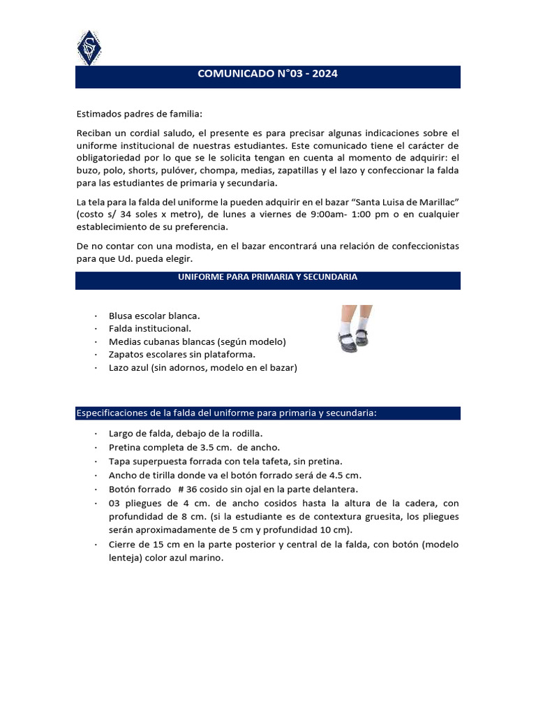 Comunicado Especificaciones Uniforme 2024 | PDF