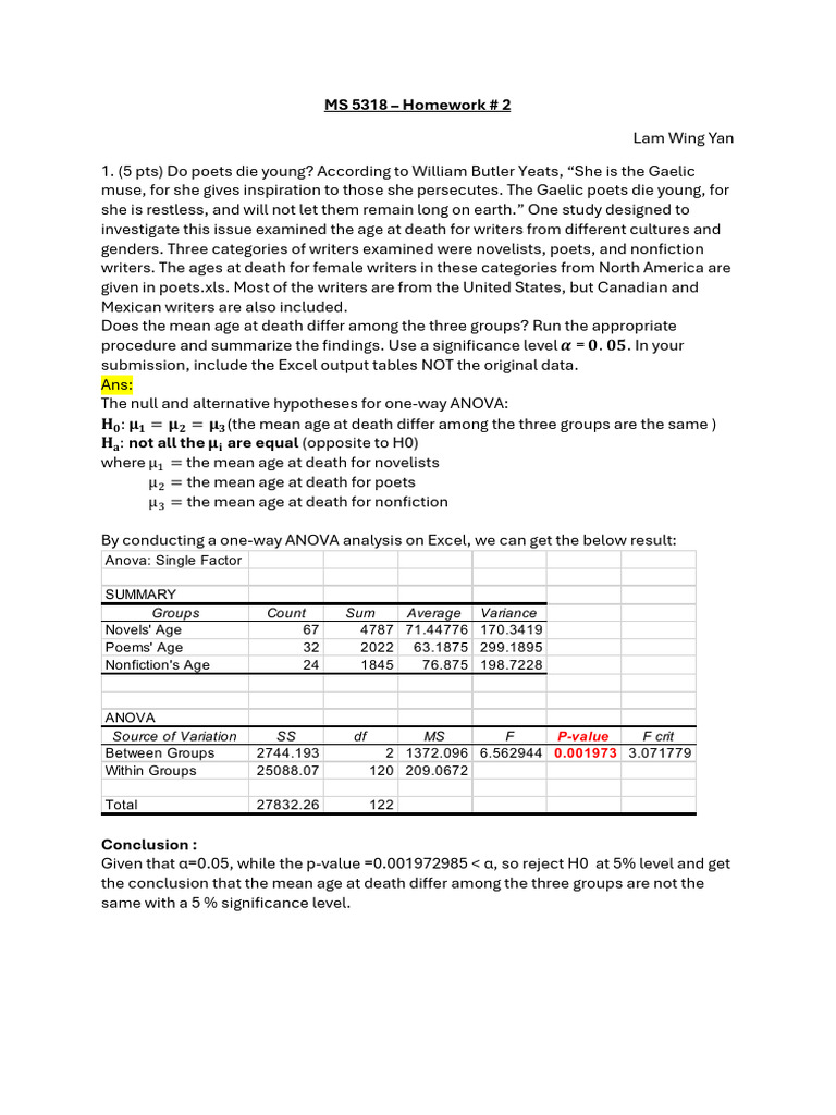MS 5318 HW2 Lam Wing Yan | PDF | Analysis Of Variance | P Value