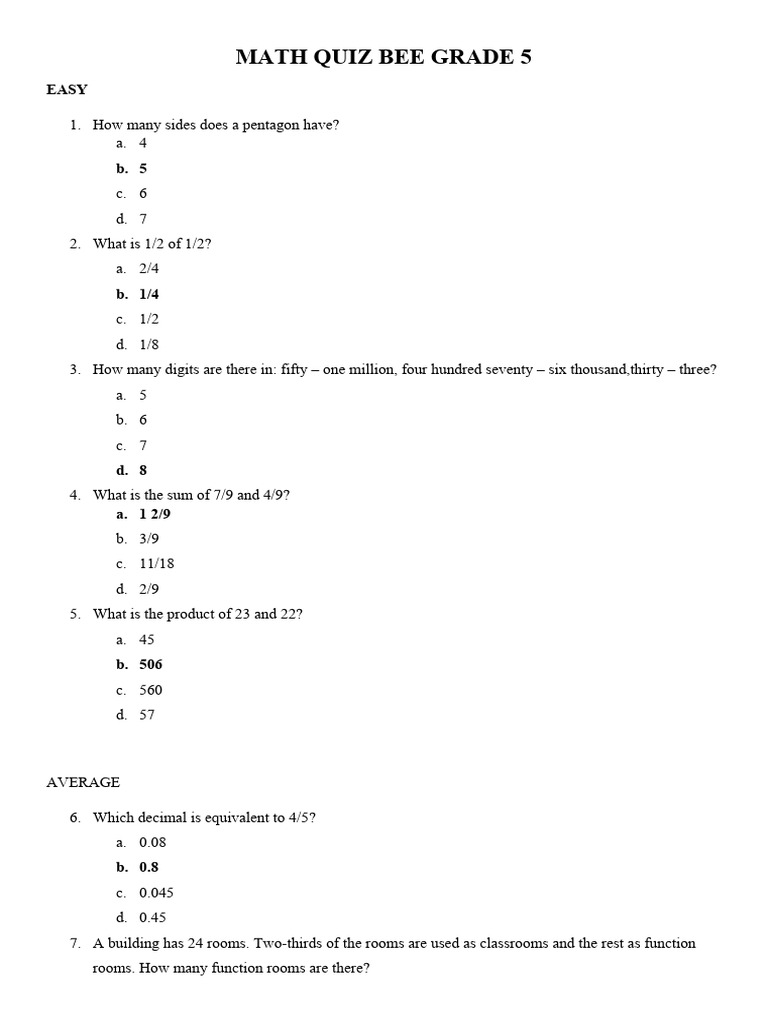Sample Quiz Bee Grade 5 | Download Free PDF | Mathematics | Elementary ...