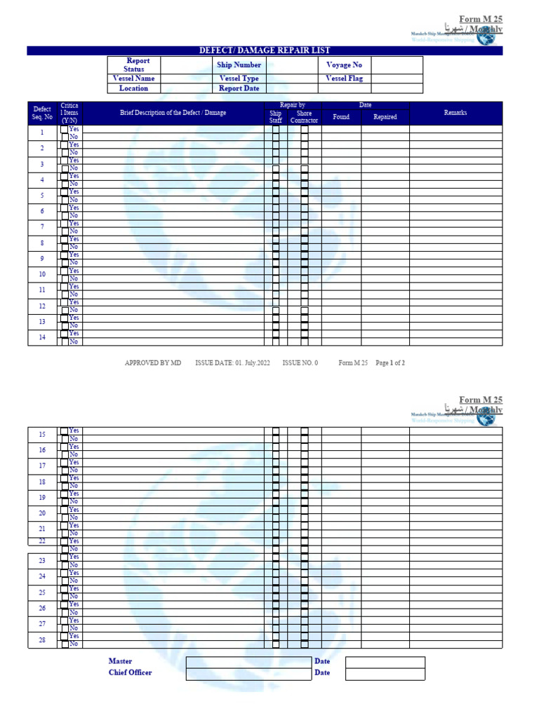 Form M 25 Defect Damage Repair List | PDF | Ships | Shipping