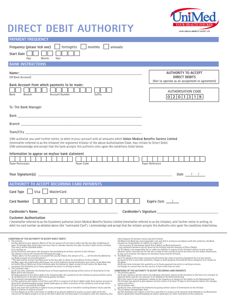 Unimed Direct Debit Credit Card Authority Form | PDF | Debit Card ...