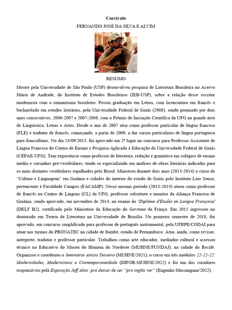 Currículo de Fernando Alvim: Literatura e Ensino | PDF
