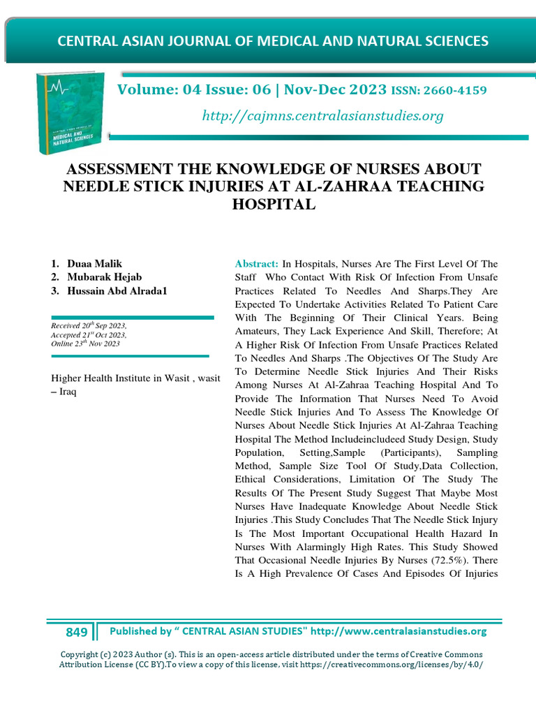 Assessment The Knowledge of Nurses About Needle Stick Injuries at Al-Zahraa Teaching Hospital ...