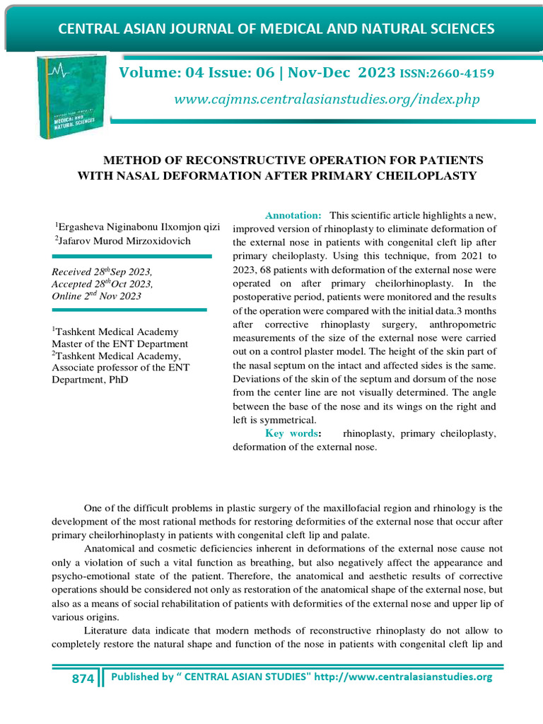 Method of Reconstructive Operation For Patients With Nasal Deformation ...