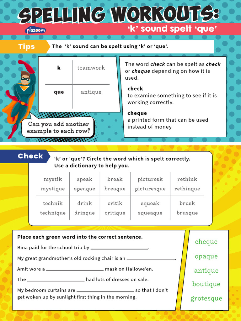 Spelling Workouts, - K - Sound Spelt - Que - 1 | PDF