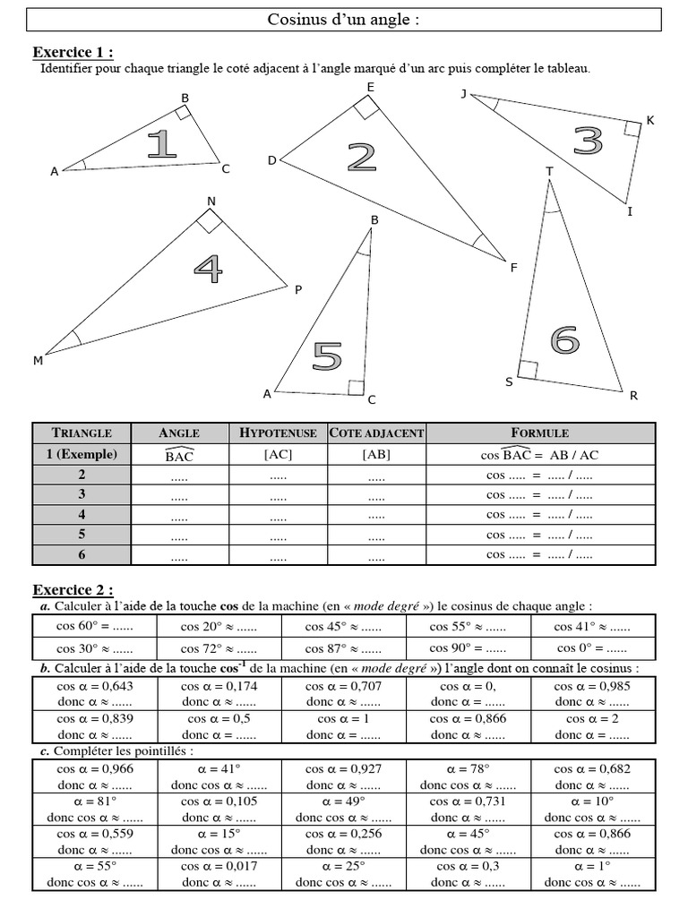 Fiche - Formule Du Cosinus d' Un Angle | PDF | Fonction trigonométrique | Mathématiques élémentaires