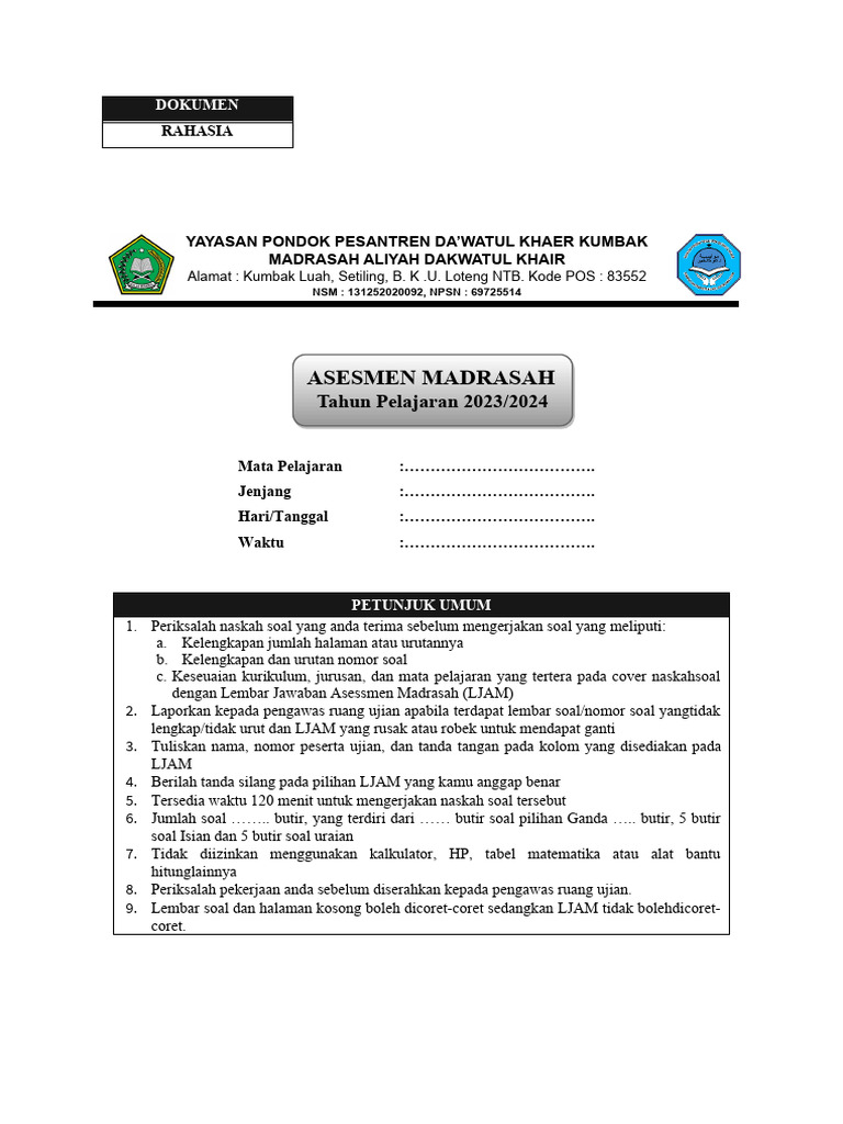 Cover Soal Asesmen Madrasah DKH | PDF