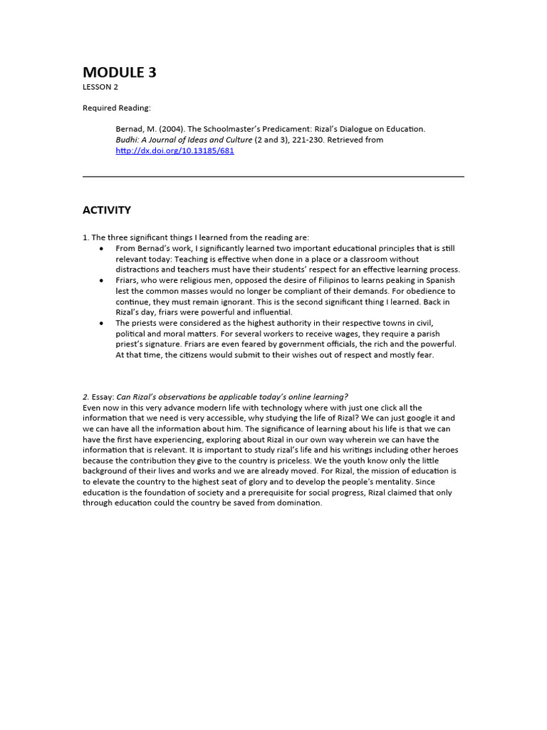 Rizal Module 3 Lesson 2 ACTIVITY | PDF