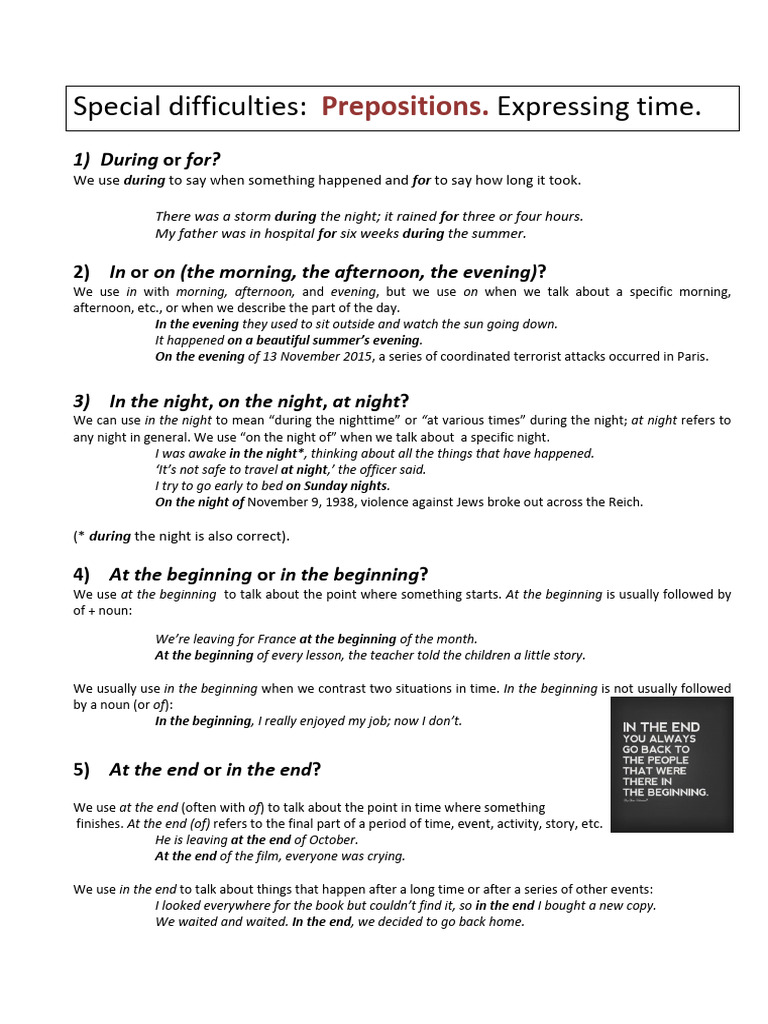 Prepositions 1 (Time) | PDF | Linguistic Morphology | Grammar