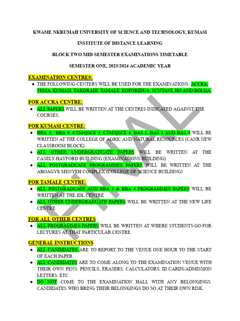 Final Midsem Timetable 2023 - 2024 Sem 1 Block 2 | Download Free PDF | Business | Economies