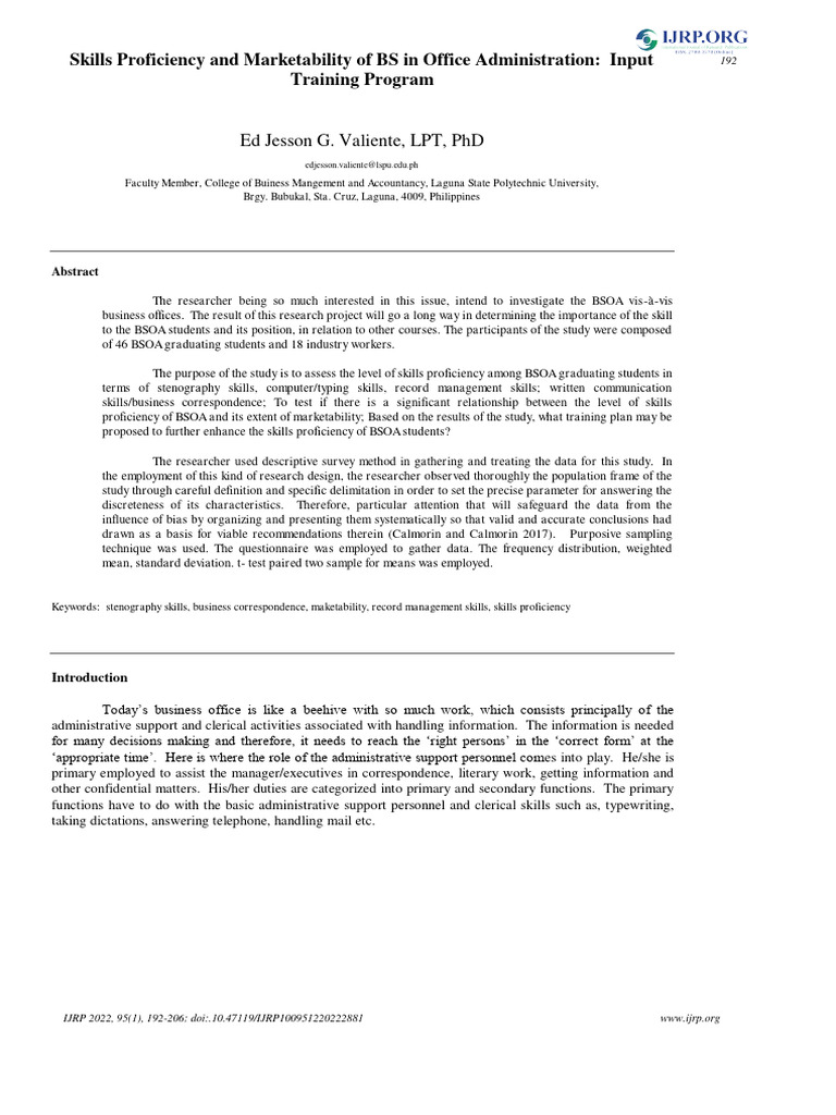 Skills Proficiency and Marketability of | PDF | Shorthand | P Value