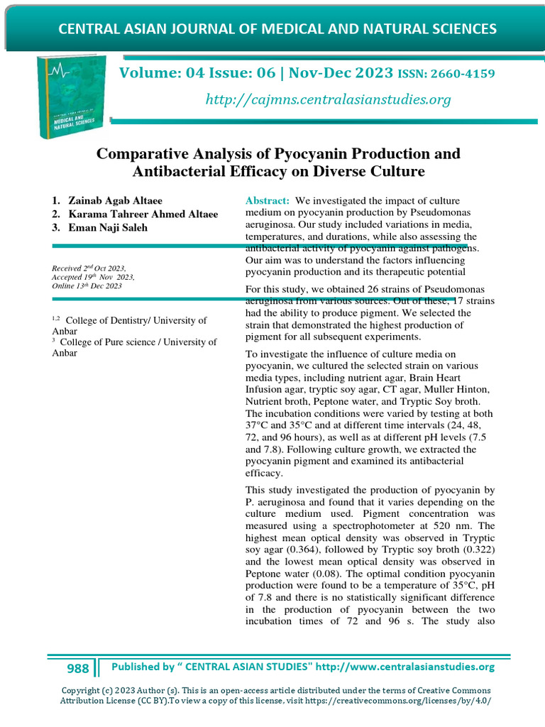 Comparative Analysis of Pyocyanin Production and Antibacterial Efficacy ...