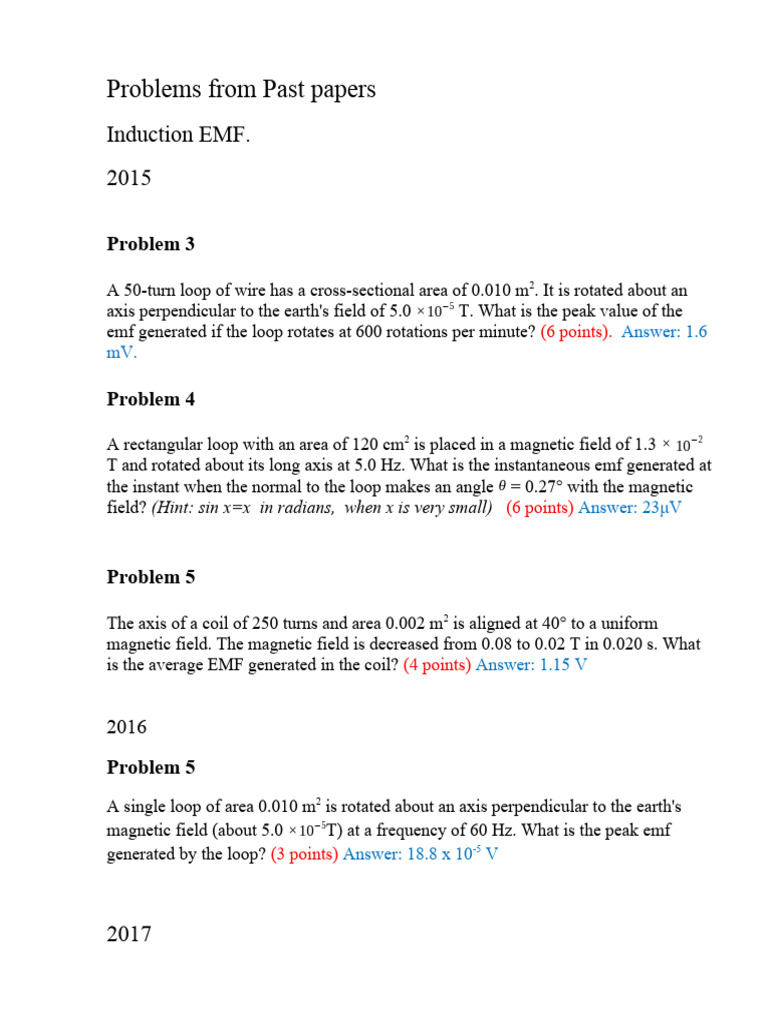 Peak EMF Calculations in Induction Problems | PDF | Electromagnetic ...
