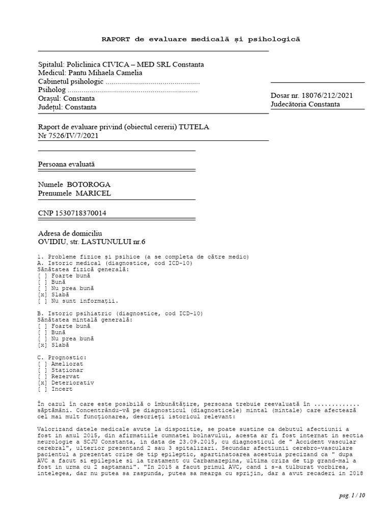 Botoroga Maricel, RAPORT de Evaluare Medicala Si Psihologica | PDF