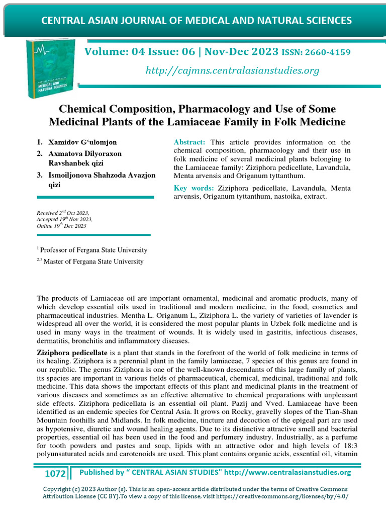 Chemical Composition, Pharmacology and Use of Some Medicinal Plants of The Lamiaceae Family in ...
