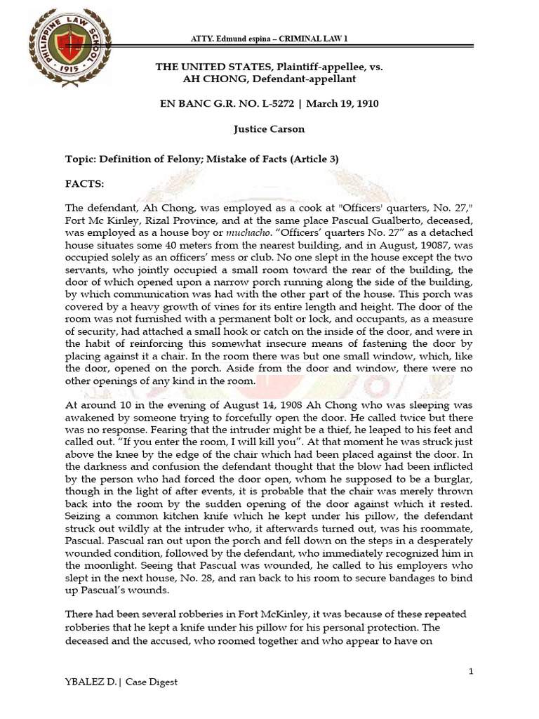 Case Digest - Us v. Ah Chong | PDF | Mens Rea | Legal Concepts