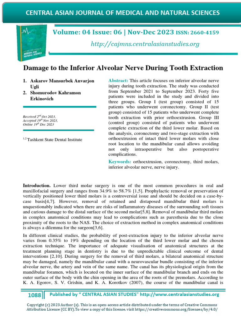 Damage to the Inferior Alveolar Nerve During Tooth Extraction | PDF ...