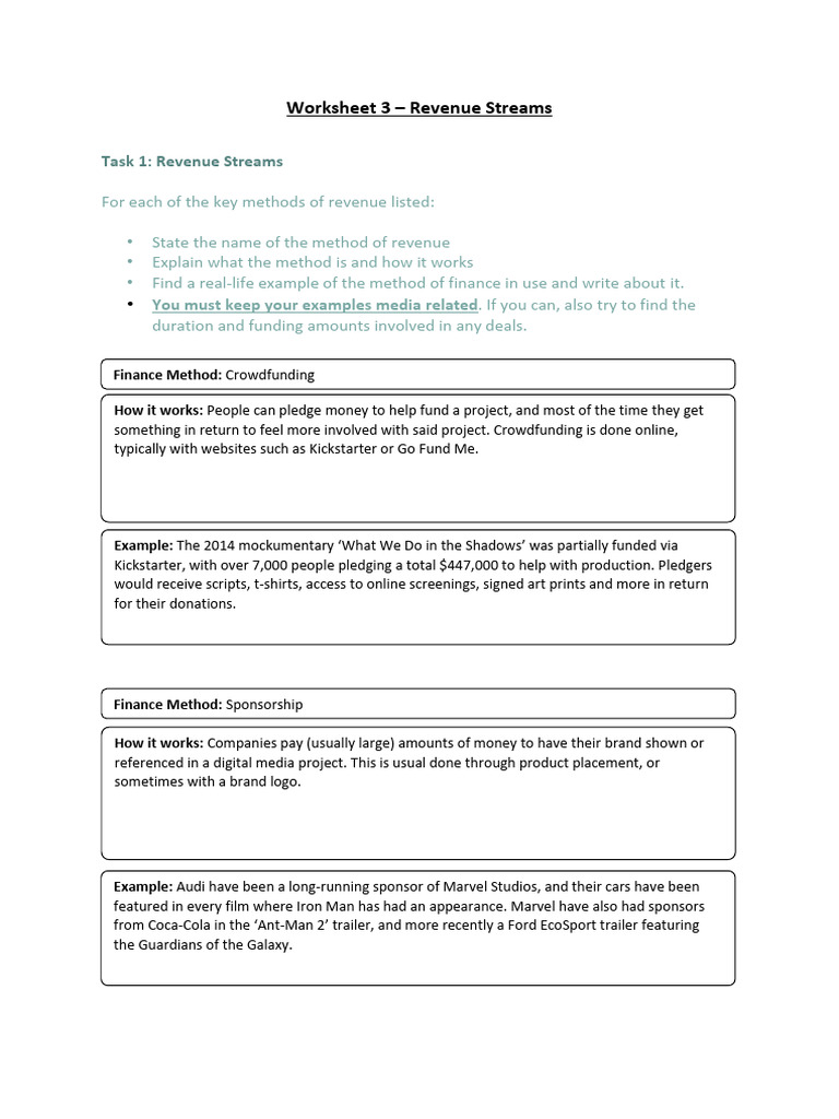 Unit 2 - Lo1 Worksheet 3 Revenue | PDF | Streaming Media | Advertising