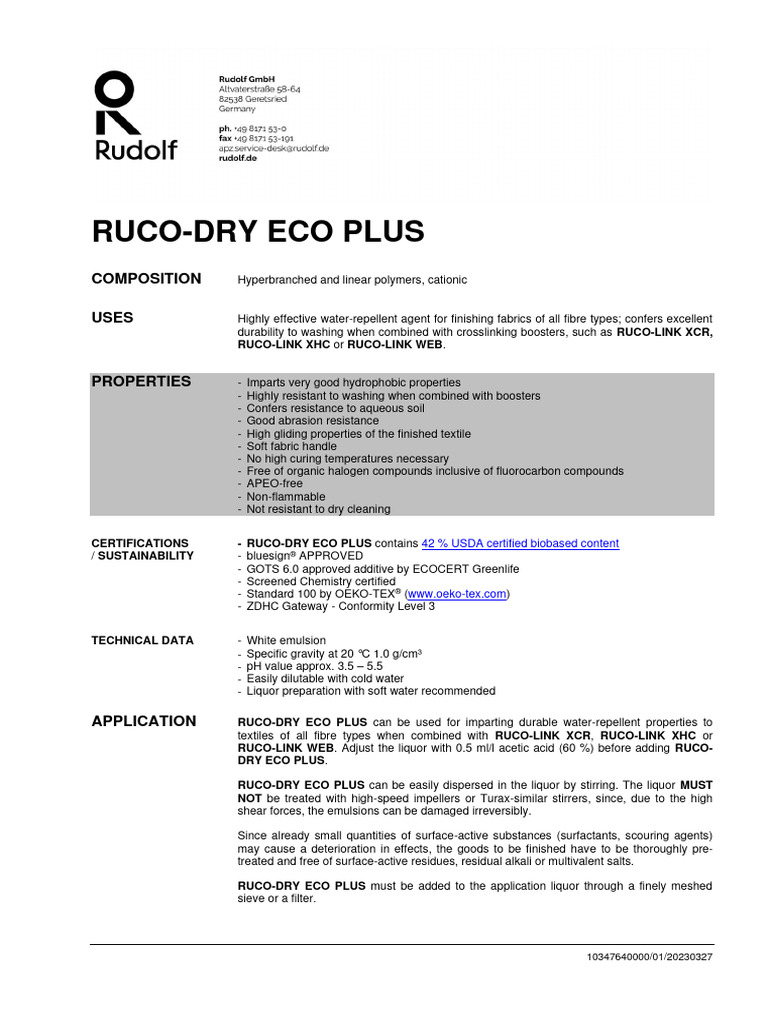 WR Ruco-Dry Eco Plus (TDS2023) | PDF | Surfactant | Chemistry